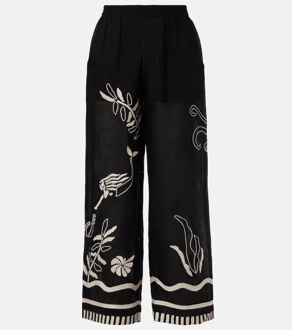 ERES Octopus Embroidered Linen Wide-leg Pants