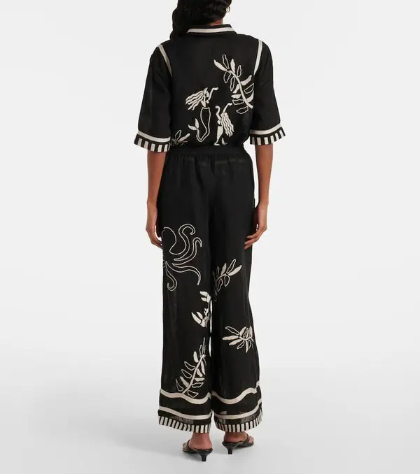 ERES Octopus Embroidered Linen Wide-leg Pants