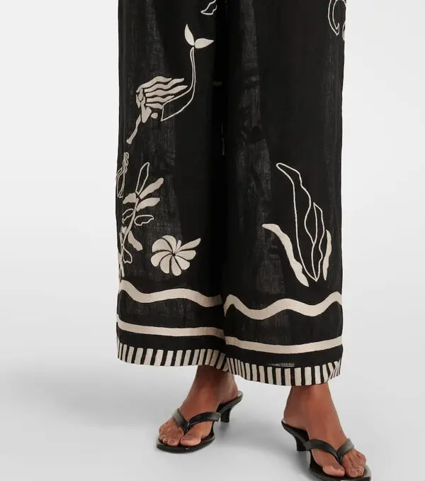 ERES Octopus Embroidered Linen Wide-leg Pants