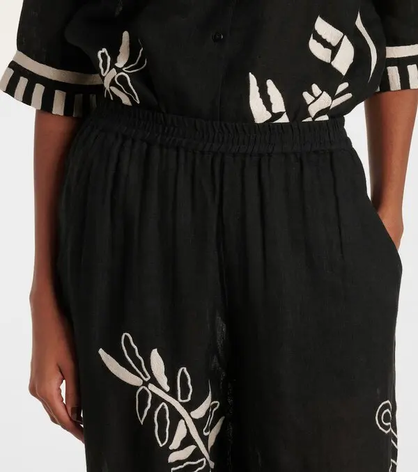 ERES Octopus Embroidered Linen Wide-leg Pants