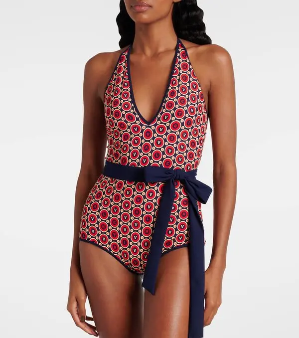 Valentino Garavani Printed Belted One-piece Swimsuit