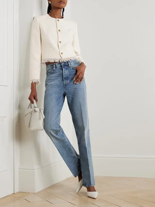 FRAME Cropped Fringed Cotton-blend Tweed Jacket
