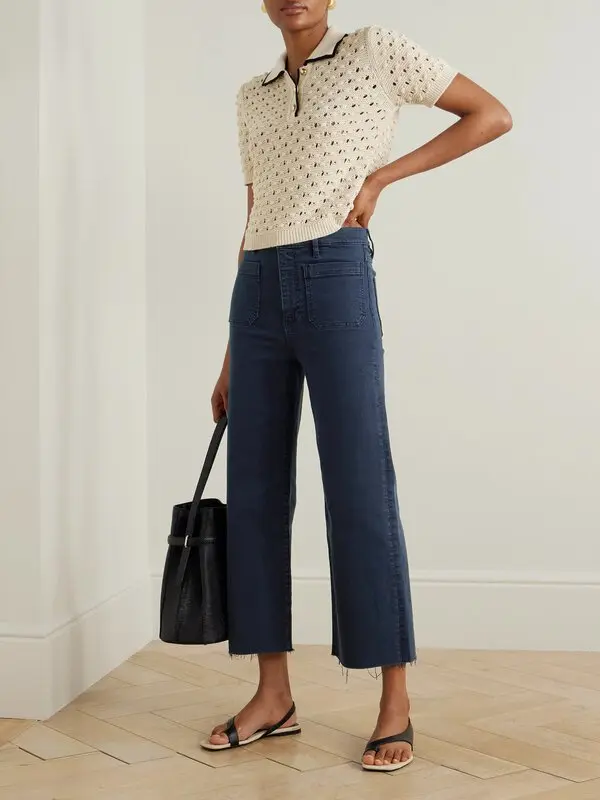 FRAME Anchor Frayed Cropped High-rise Wide-leg Jeans - Blue