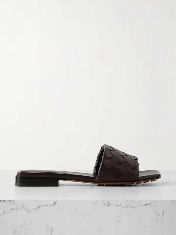 Bottega Veneta Riva Intrecciato Leather Slides - Brown