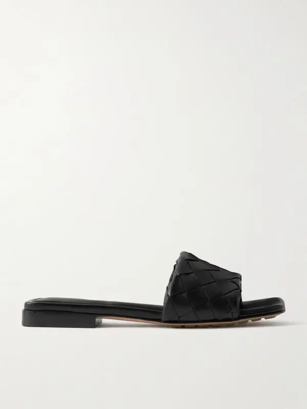 Bottega Veneta Riva Intrecciato Leather Slides - Black