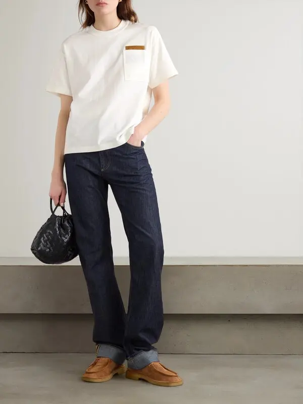 Bottega Veneta Intrecciato Suede-trimmed Organic Cotton-jersey T-shirt - Neutrals