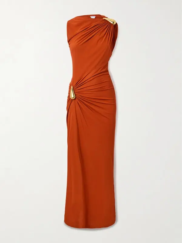 Bottega Veneta Gathered Embellished Crepe-jersey Maxi Dress - Orange