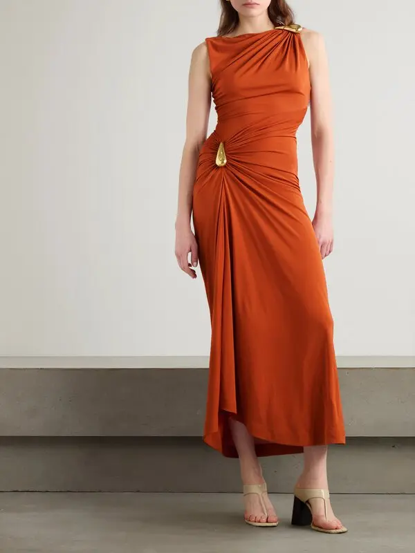 Bottega Veneta Gathered Embellished Crepe-jersey Maxi Dress