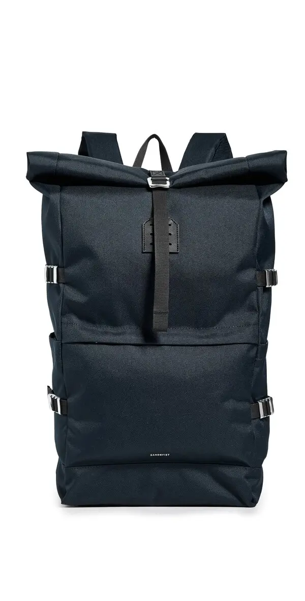 SANDQVIST Icon Large Rolltop Backpack - Navy With Black Leather