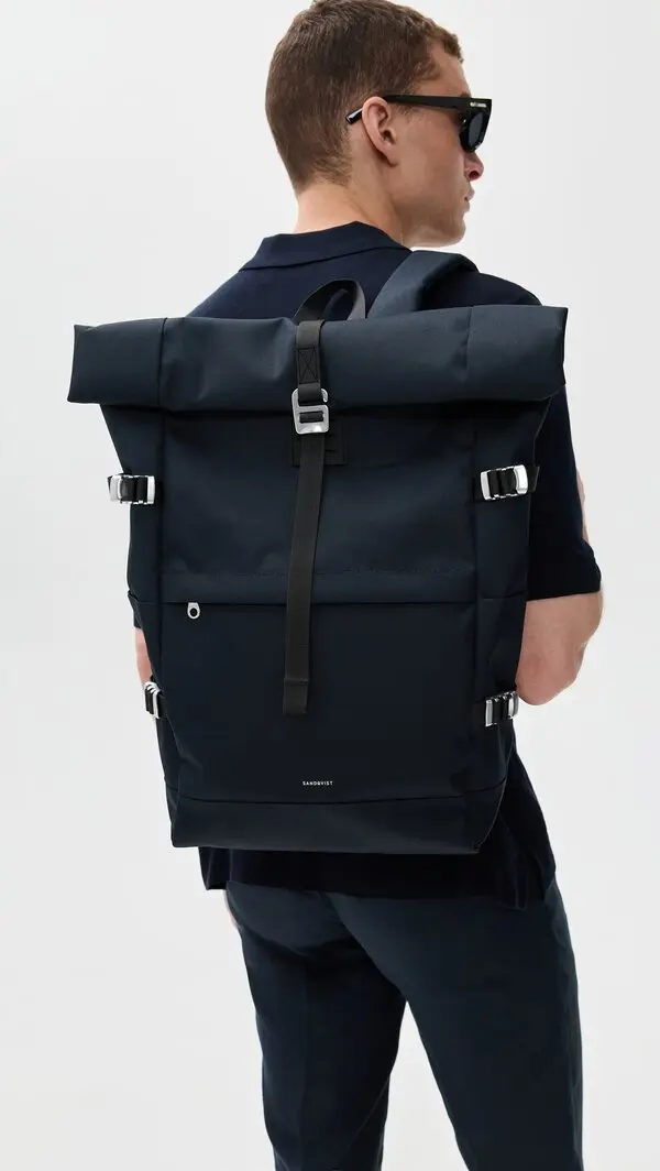SANDQVIST Icon Large Rolltop Backpack - Navy With Black Leather