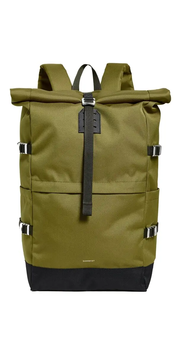 SANDQVIST Icon Large Rolltop Backpack - Olive Drab With Black Leather