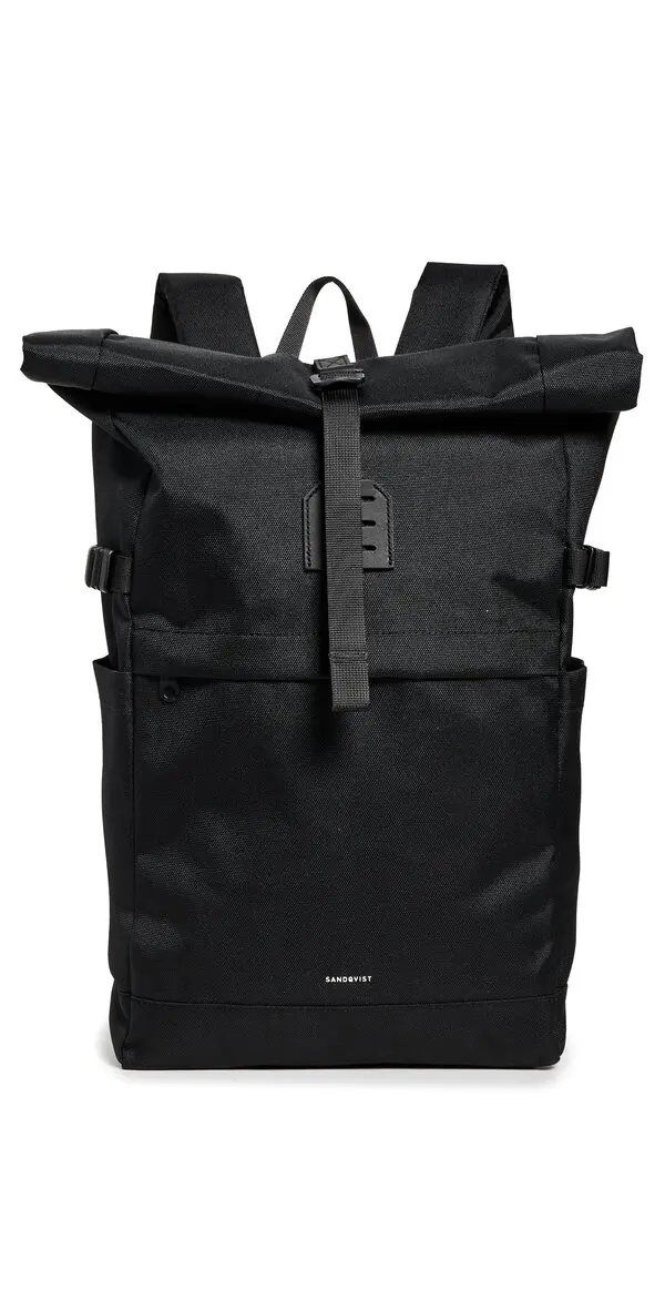SANDQVIST Icon Medium Rolltop Backpack - Black With Black Leather