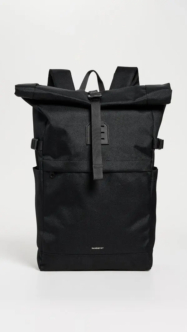 SANDQVIST Icon Medium Rolltop Backpack - Black With Black Leather