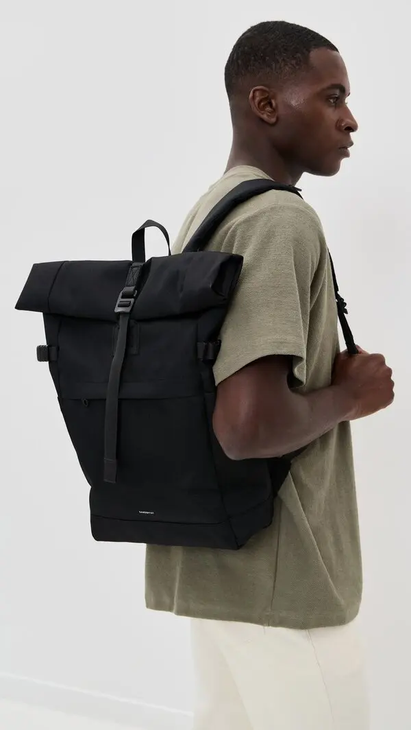 SANDQVIST Icon Medium Rolltop Backpack - Black With Black Leather