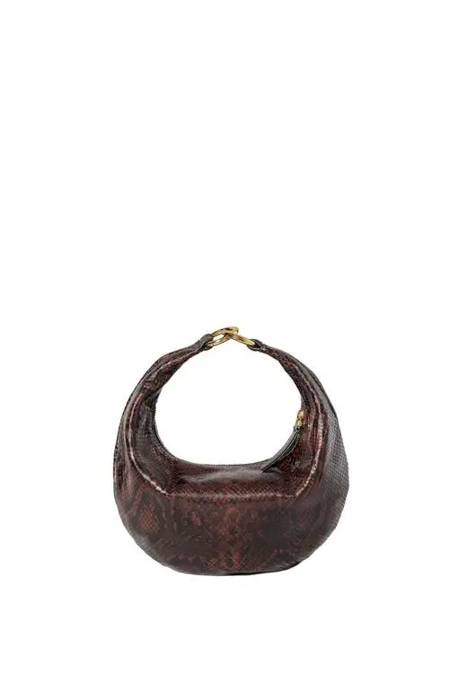 HYER GOODS Mini Leather Convertible Hobo Ring Bag - Brown Python Embossed