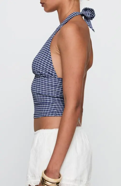 Princess Polly Gingham Halter Top - Navy Gingham