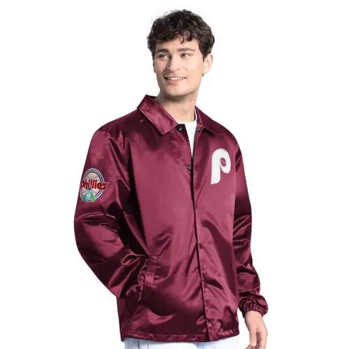 STARTER Philadelphia Phillies Cooperstown Collection Coaches Jacket - Burgundy