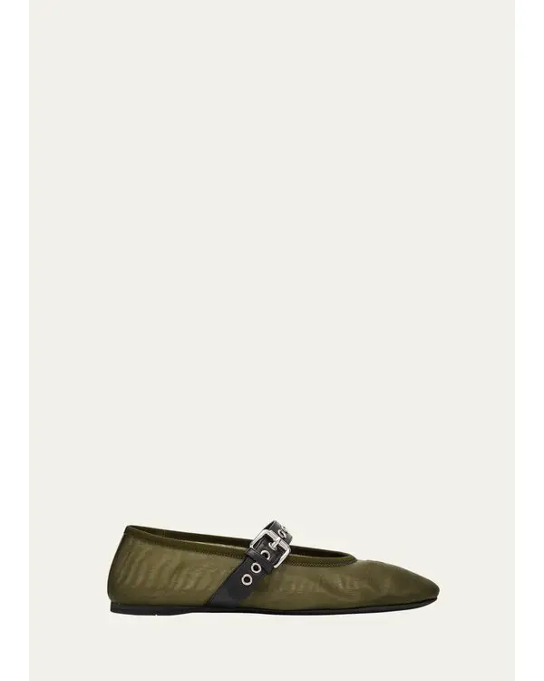 Miu Miu Mesh Buckle Mary Jane Ballerinas - Olive