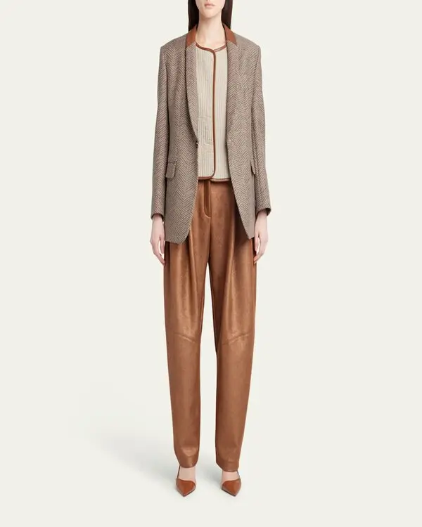 Giorgio Armani Chevron Wool Single-breasted Blazer With Leather Trim