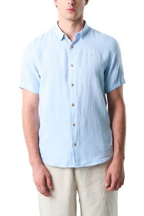 VELEZ Short-sleeve Linen Shirt With Vz Embroidery - Blue