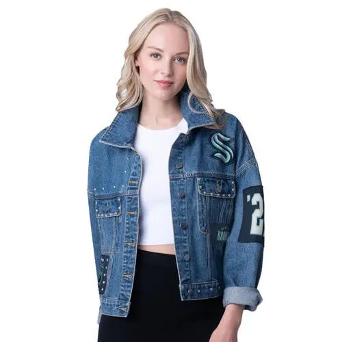 G-III 4HER BY CARL BANKS Seattle Kraken Game Ball Cropped Button-up Jacket - Denim