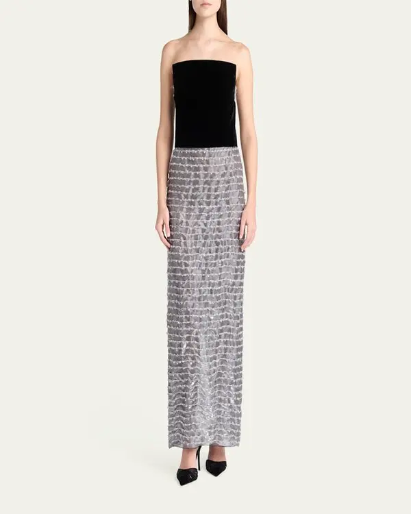 Giorgio Armani Strapless Velvet And Iridescent Textured Silk Gown