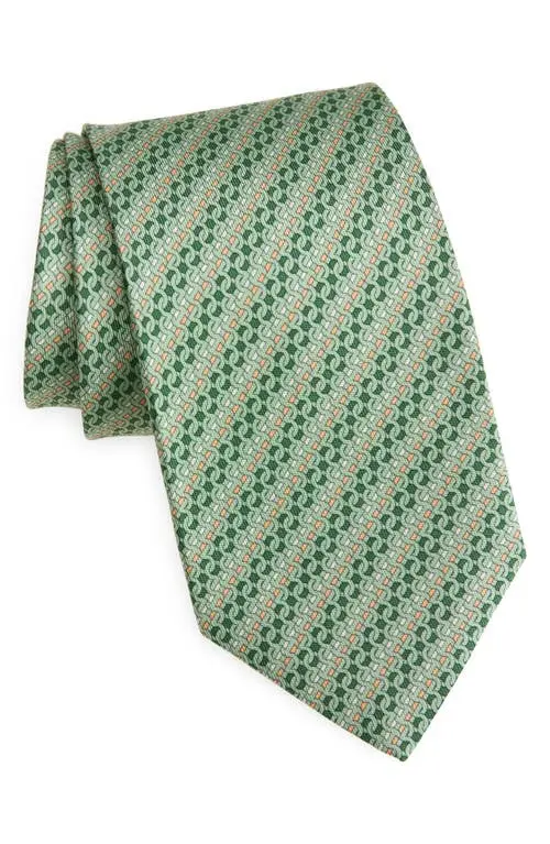 FERRAGAMO Gancini Print Silk Tie - F. Verde