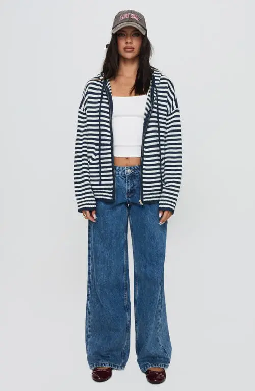 Princess Polly Striped Oversized Zip Hoodie - Navy