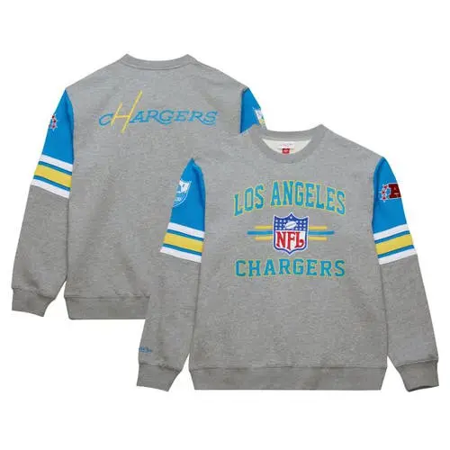 Mitchell & Ness Los Angeles Chargers All Over Vintage Logo Crewneck Sweatshirt - Heather Gray