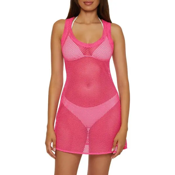 BCA BY REBECCA VIRTUE Fishnet Cover-up Mini Sundress - Neon Pink