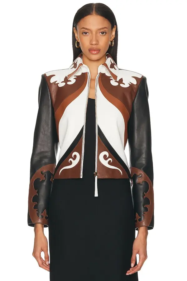Gabriela Hearst Albie Leather Jacket - Ivory  Cognac  Chestnut  & Black