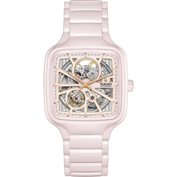 RADO True Square Automatic Open Heart Ceramic Bracelet Watch - Pink