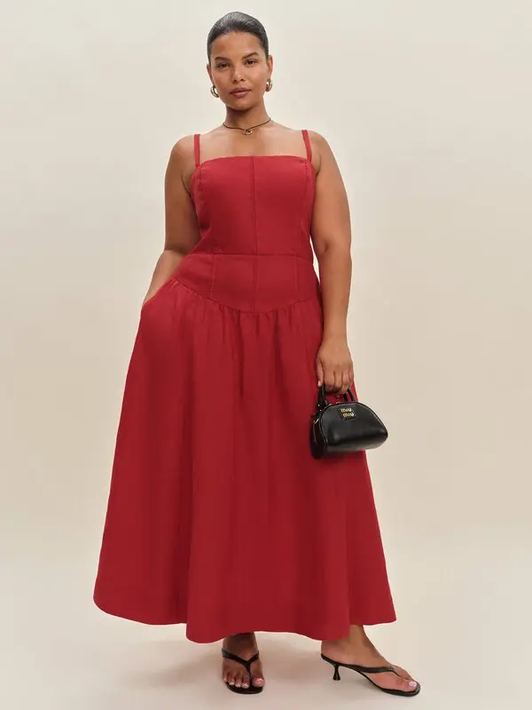 chinese dress ladies Back in stock ! Ref katarin Red Sleeveless Midi Dress in Linen