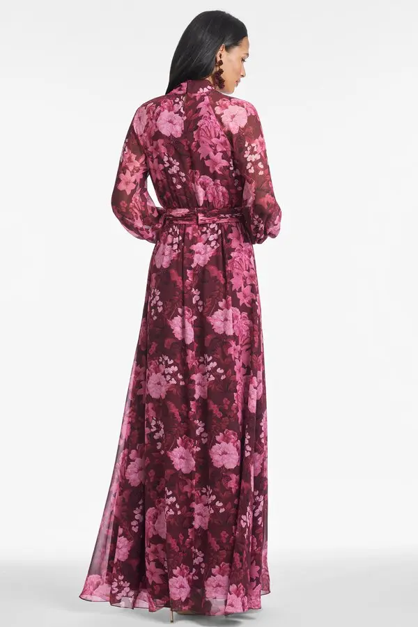 Sachin & Babi Vera Floral Chiffon Gown - Raspberry Floribunda