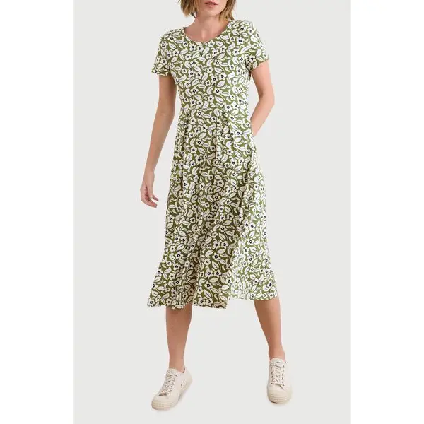 SEASALT CORNWALL Floral Print Stretch Organic Cotton Jersey Midi Dress - Winsome Floral Dark Citron