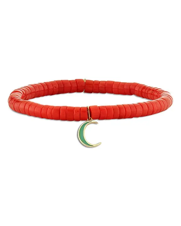 SYDNEY EVAN 14k Yellow Gold Coral Heishi Bead & Enamel Moon Charm Bracelet - Red/gold