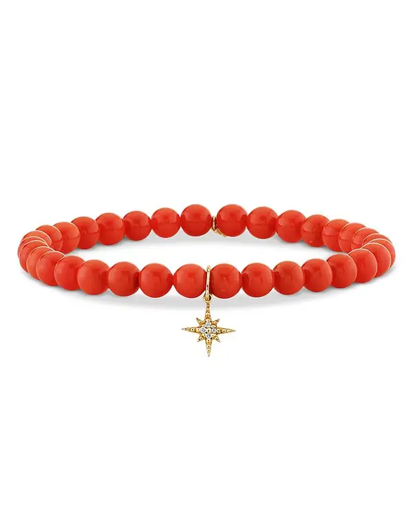 SYDNEY EVAN 14k Yellow Gold Diamond And Coral Beaded Charm Bracelet - Red/gold