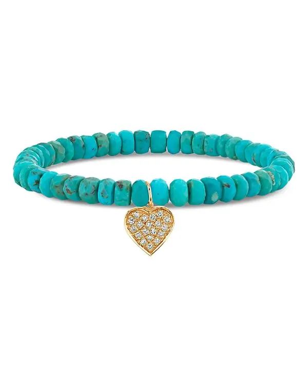 SYDNEY EVAN 14k Yellow Gold Diamond Pave Heart Charm Turquoise Bracelet - Blue/gold