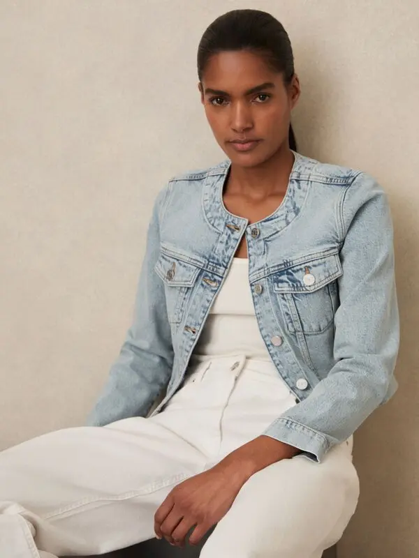 REISS Medora Collarless Cropped Denim Jacket - Light Blue