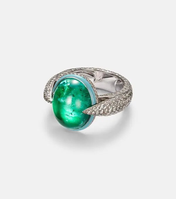 KAMYEN 18kt Gold Ring With Emeralds And Diamonds - White