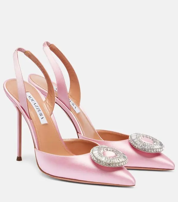 AQUAZZURA Crystal Hoop 105 Satin Slingback Pumps - Pink