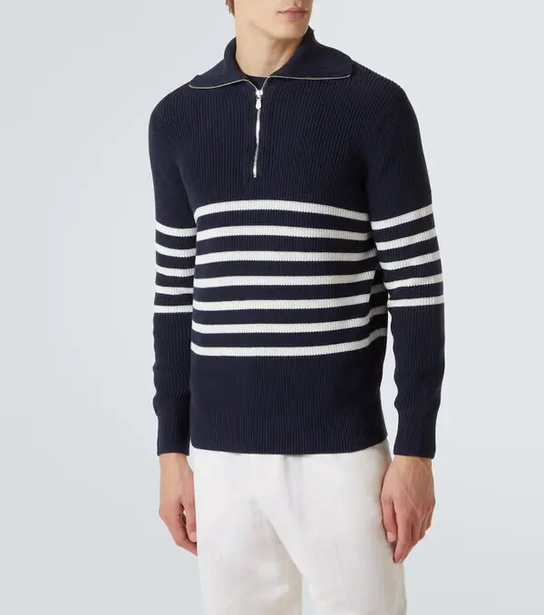 Brunello Cucinelli Striped Cotton Half-zip Sweater - Blue