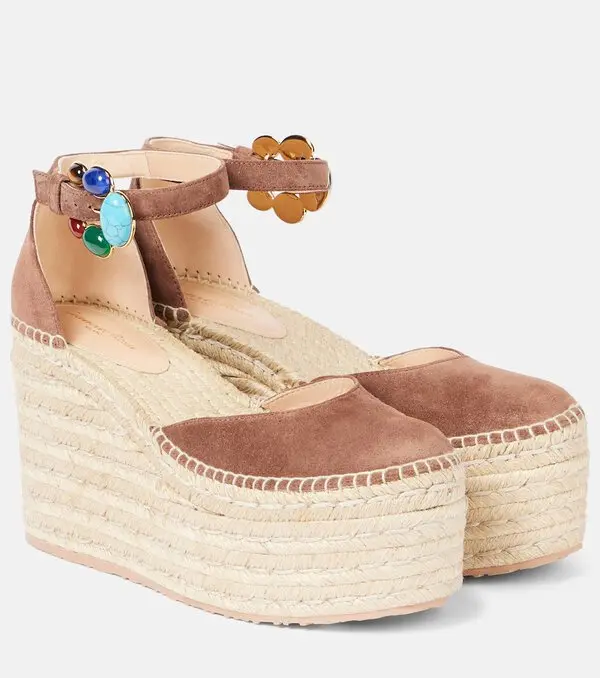 GIANVITO ROSSI Shanti 100" Suede Espadrille Wedges - Brown