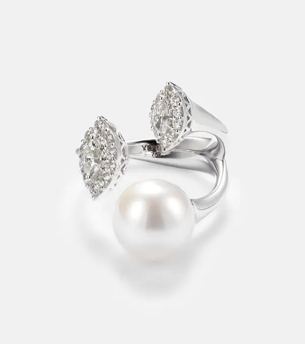 Yeprem 18kt White Gold Ring With Diamonds And Pearl - Silver