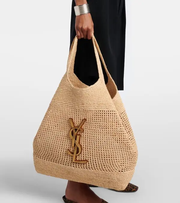 Saint Laurent Icare Crochet Raffia Shopper - Beige