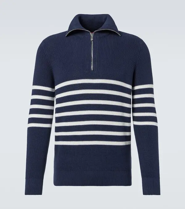 Brunello Cucinelli Striped Half-zip Cotton Sweater