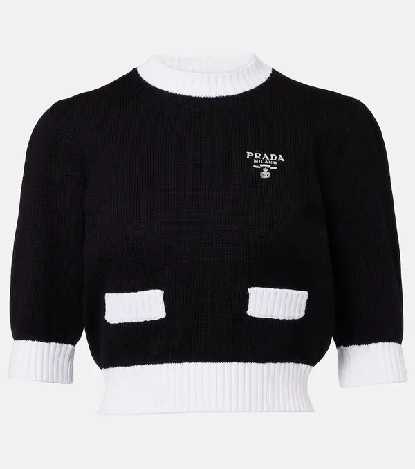 Prada Waffle-knit Cropped Cotton Sweater - Black