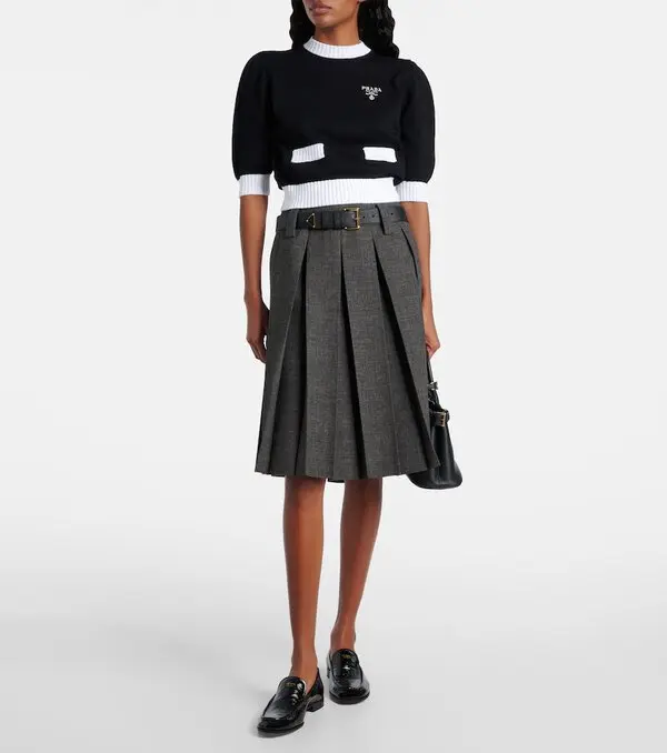 Prada Cropped Waffle-knit Cotton Sweater With Contrast Trim