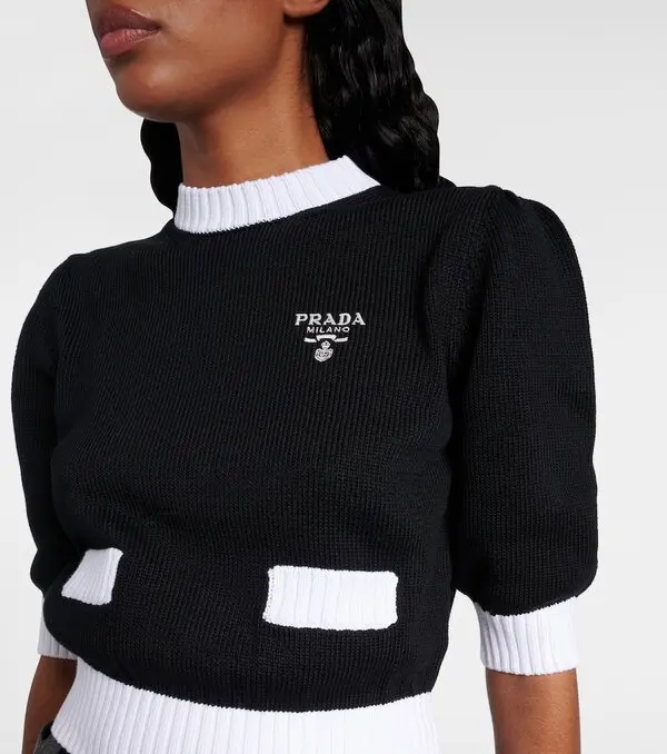 Prada Cropped Waffle-knit Cotton Sweater With Contrast Trim