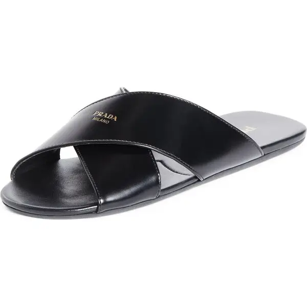 Prada Crisscross Leather Slide Sandal Nero Editorialist